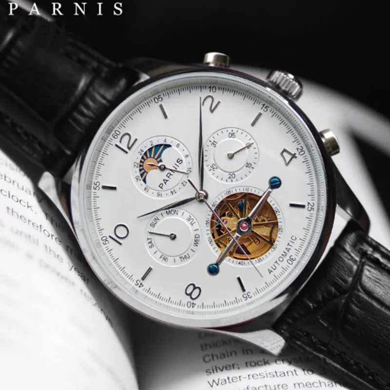 Parnis-43mm-White-Dial-Automatic-Men-s-Watches-Moon-Phase-Calendar-Men ...