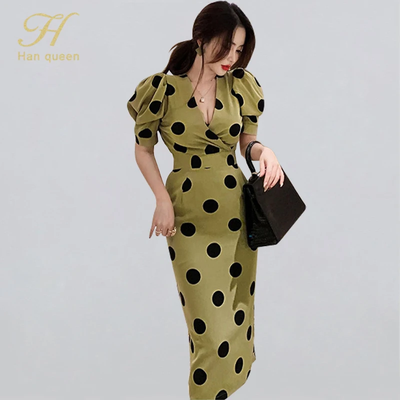 H Han Queen Elegant Occupation Dot V neck Pencil Dress Women Slim ...