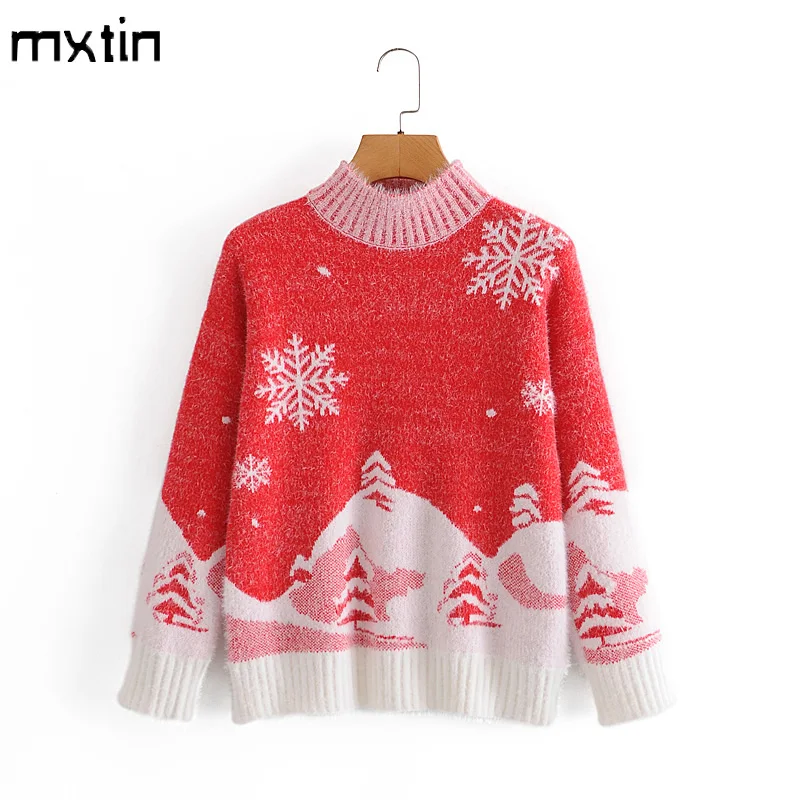 Mxtin moda floco de neve padrão jacquard solto camisola de malha 2020 ...