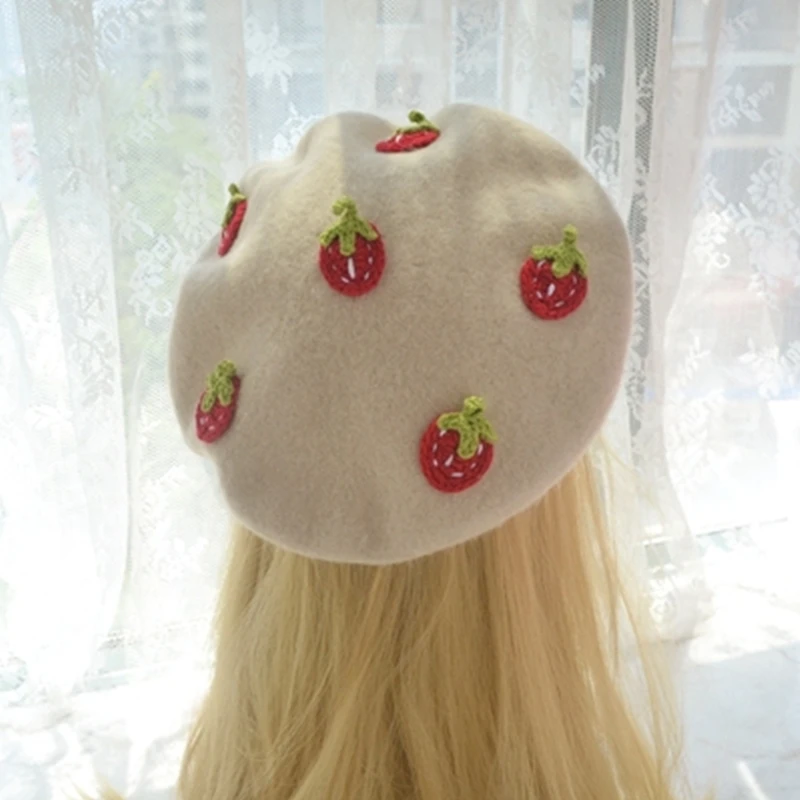 DIY handmade women's beret hat small fresh strawberry painter hat girl ...