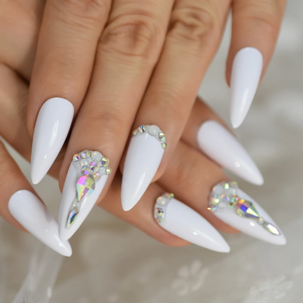 White Stiletto Nails With Designs