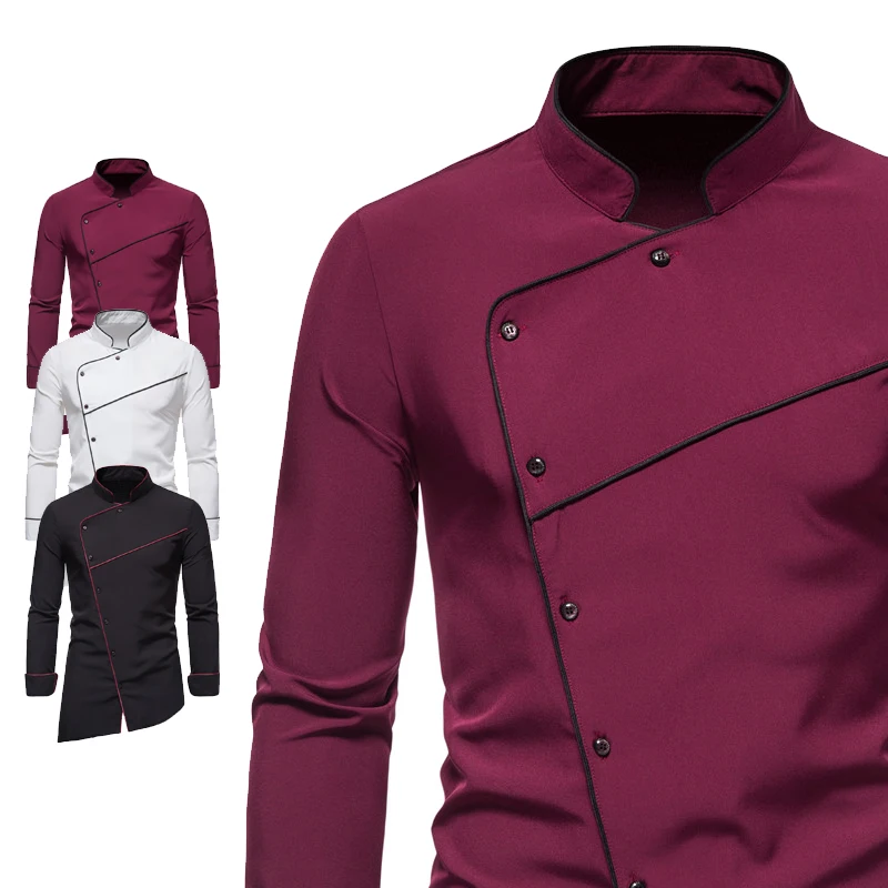 2022 new men's long-sleeved shirts fashion stand-up collar diagonal ...