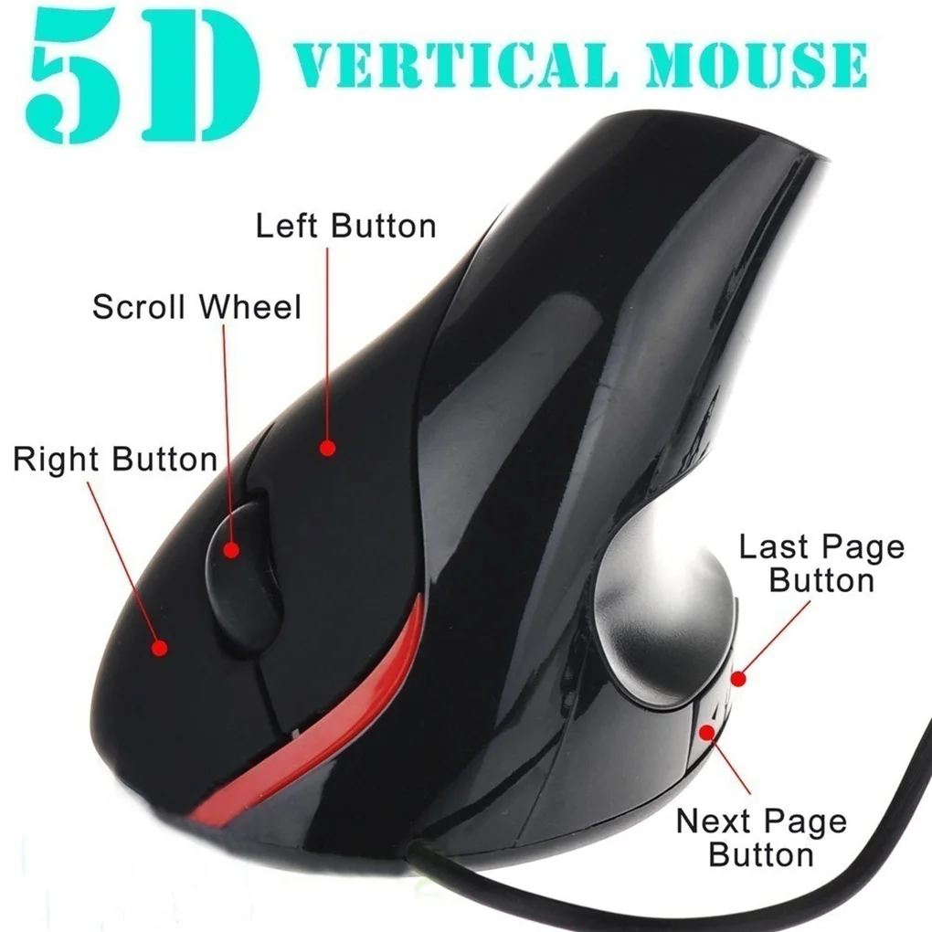 1200dpi Wired Vertical Optical Mouse 5 Buttons Ergonomic Wrist ...