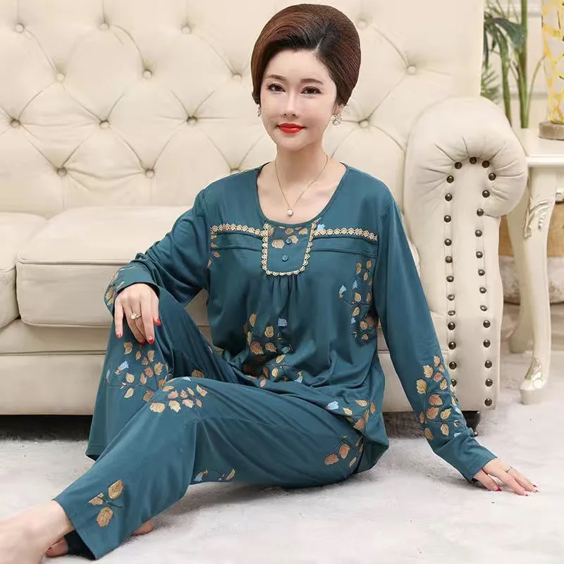 Fdfklak Fashion Mother's Pajamas Set New Long Sleeve Cotton Middle-aged ...
