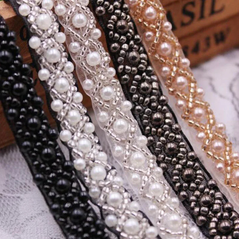 1yard/lot Pearl Beaded Lace Fabric Ribbon For DIY Sewing Garment Collar ...
