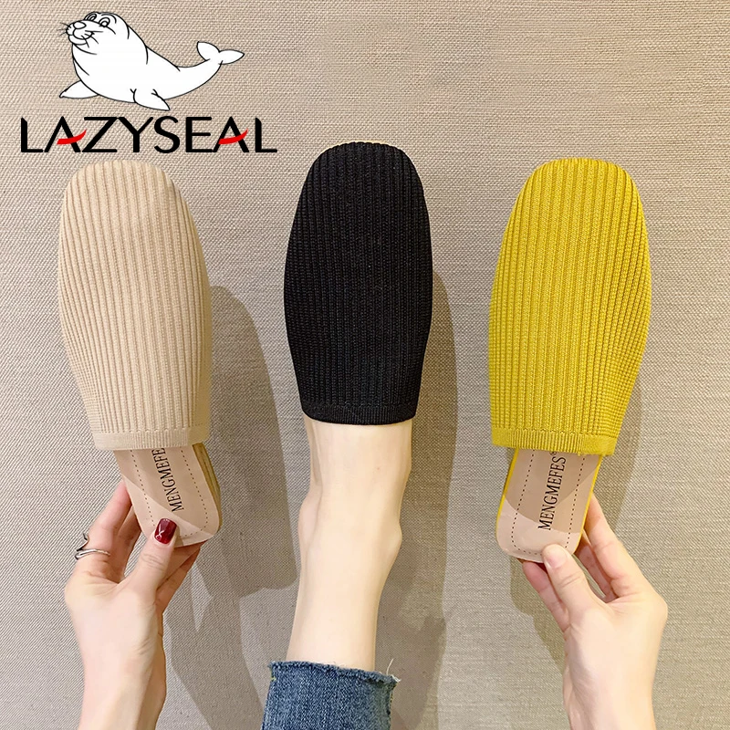 LazySeal Women Mules Knit Fabric Slippers Med Chunky Heel Casual Summer ...