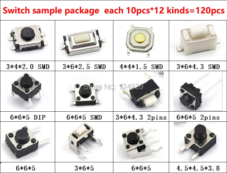 120pcs Micro touch switch package 3*4*2mm 3*6*2.5mm 6x6x5mm 4x4x1.5mm ...