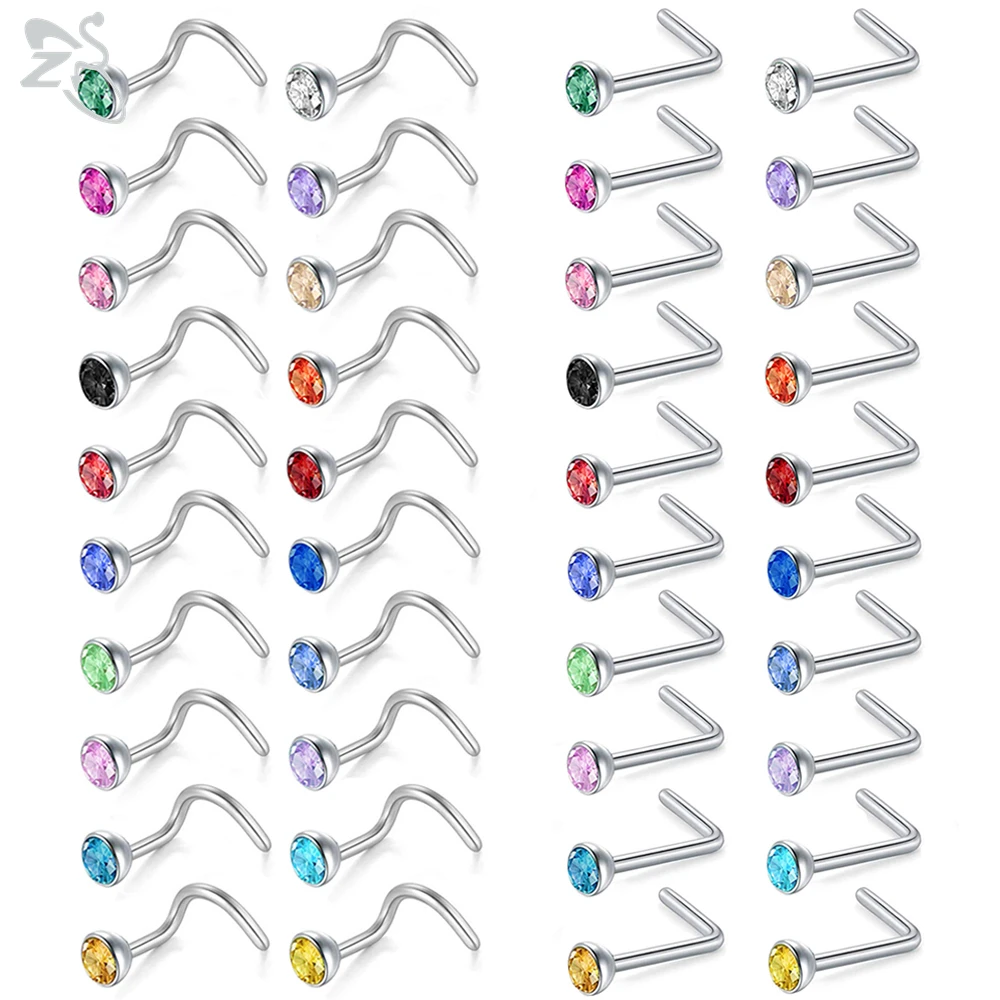 Zs 20pcs/lot 20g Colorful Nose Ring Set Stainless Steel Nose Piercings ...