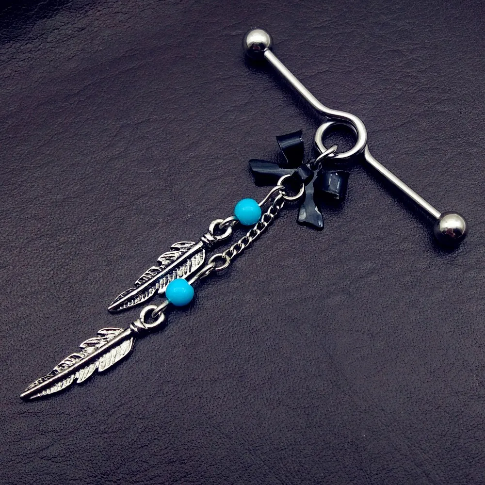 1pcs New Stainless Steel 14G bead feather bow Industrial Barbell tragus ...