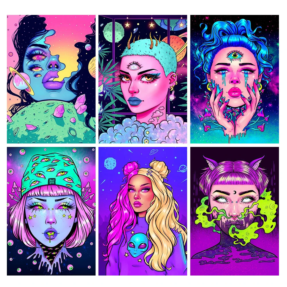 Diy Diamond Painting Trippy Girls Embroidery Mosaic Portrait Picture Of ...