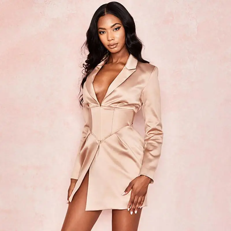 Сексуальное женское платье блейзер цвета хаки с V образным вырезом на осень и зиму облегающее