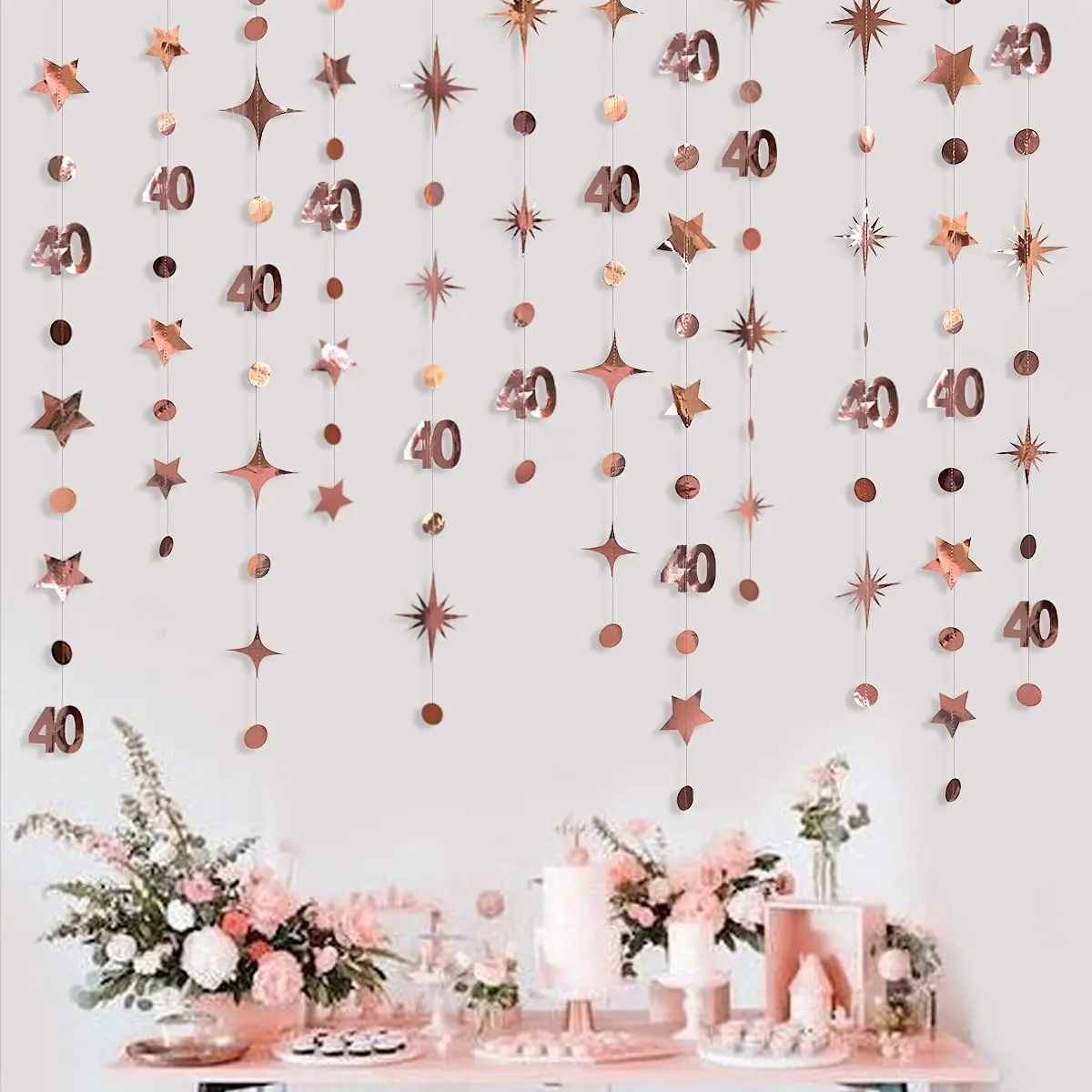 Rose Gold Number 40th Circle Dots Twinkle Star Garlands Hanging Banners ...