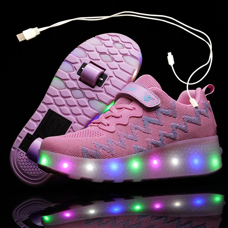 Children Two Wheels Luminous Glowing Sneakers Black Red Pink Led Light ...