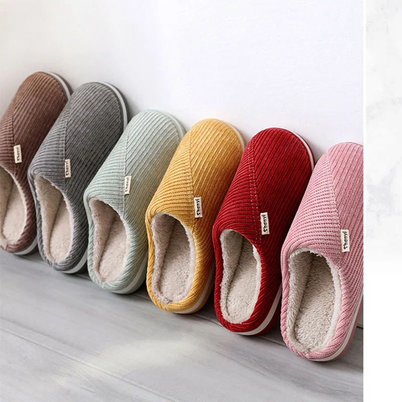 1 Pair Winter Indoor Women Cotton Slippers House Corduroy Plain Non ...