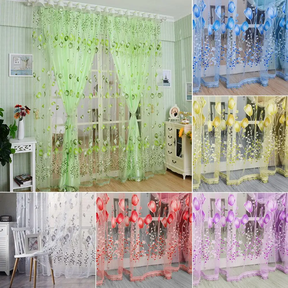 1x2m Tulip Flower Print Tulle Voile Curtain Window Drapery Balcony Room ...