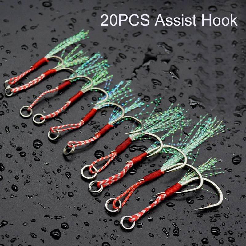 20pcs/lot Fishing Lure Slow Jigging Fishing Cast Jigs Assist Hook Barbed Single Jig Hooks Thread ...