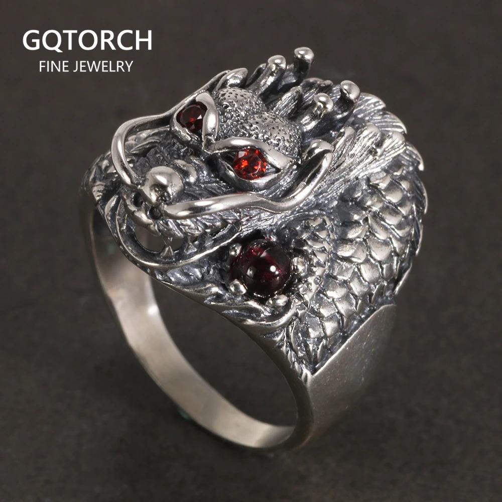 Authentic 925 Sterling Silver Dragon Rings For Men With Garnet Natural ...