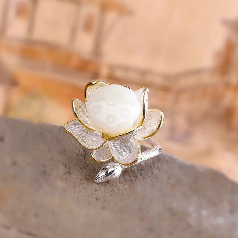 New SNew Sterling Silver Natural Hetian Jade Lotus Handmade Female ...