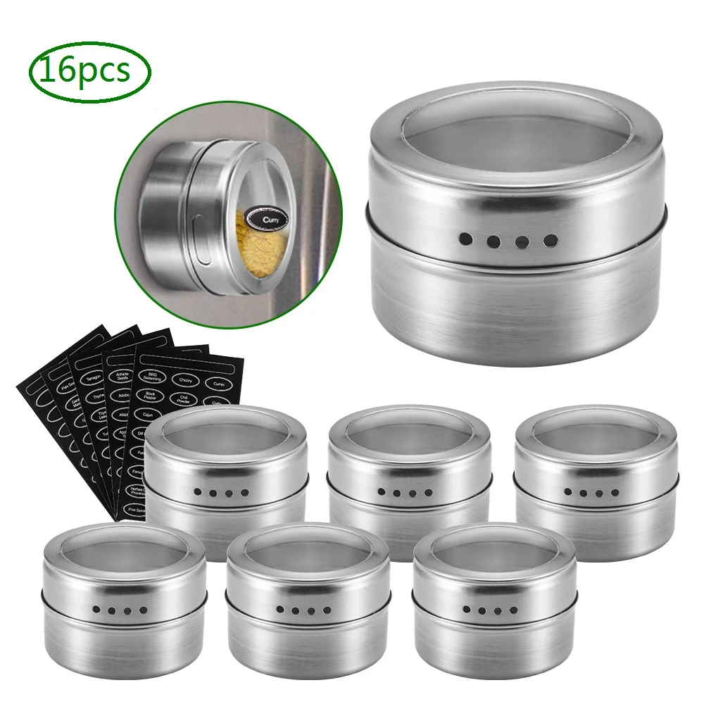Magnetic Spice Jar Set With Stickers Stainless Steel Spice Tins Spice ...