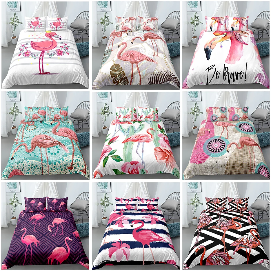 Cartoon Pink Flamingo Bedding Set 2/3pcs Geometric Pattern 3d Bed Duvet ...