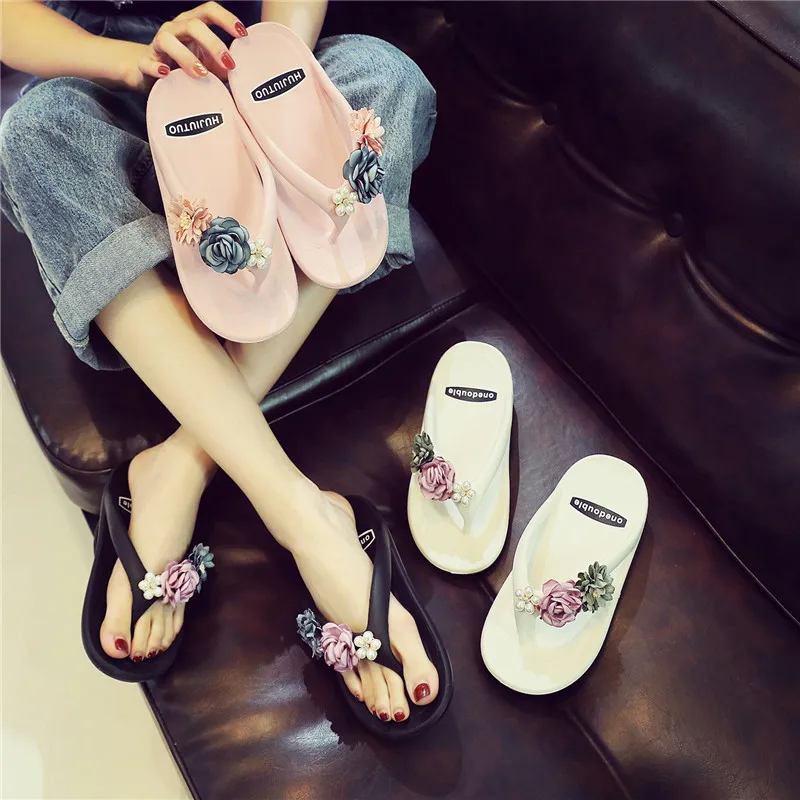 Chanclas gruesas con flor de perla para mujer, chanclas planas de playa ...