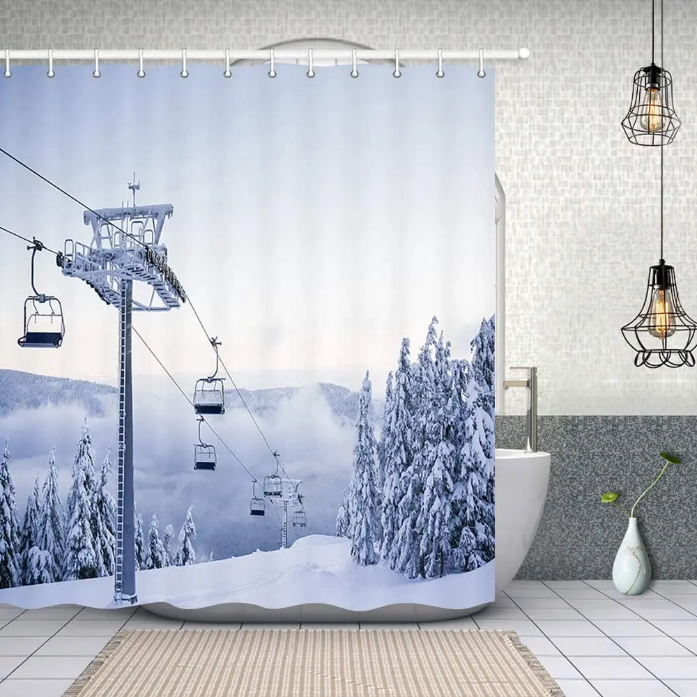 Winter-Sport-Snow-Skiing-Shower-Curtains-Cable-Car-on-Ski-Field-with ...