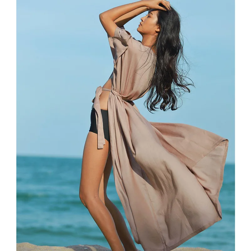 Rinabe Solid Kaftan 2021 Long sleeve Robe Women Loose Pareo Casual Sashes Tunic Cotton Sunscreen ...