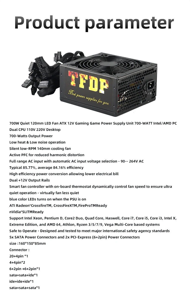 TFDP 700W ATX PC Computer game Power Supply with Quiet 120mm rgb Fan ...
