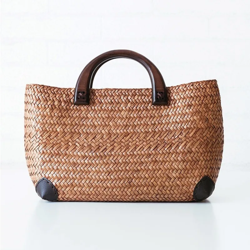 Handmade straw bag retro rattan straw woven handy beach bag simple art ...