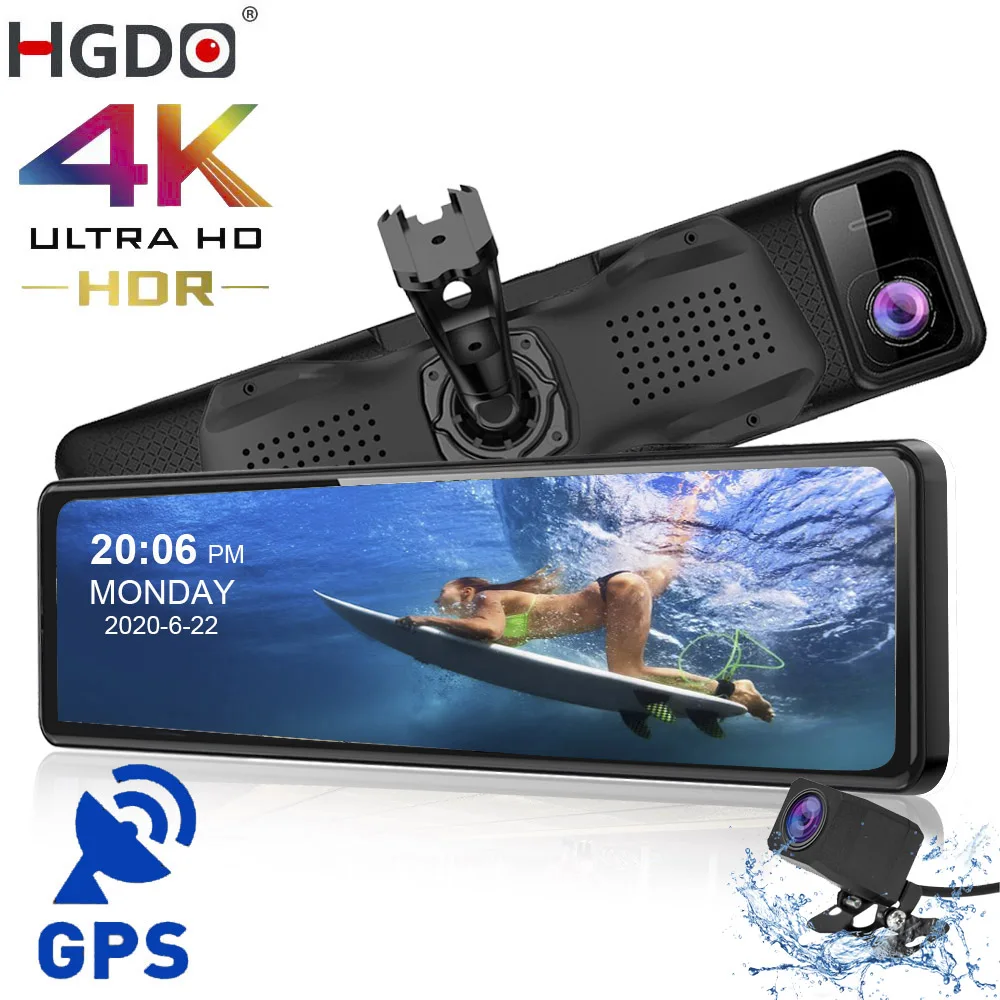 HGDO D400 4K Car DVR 12" GPS Sony IMX415 Rear View Mirror Camera Rear ...