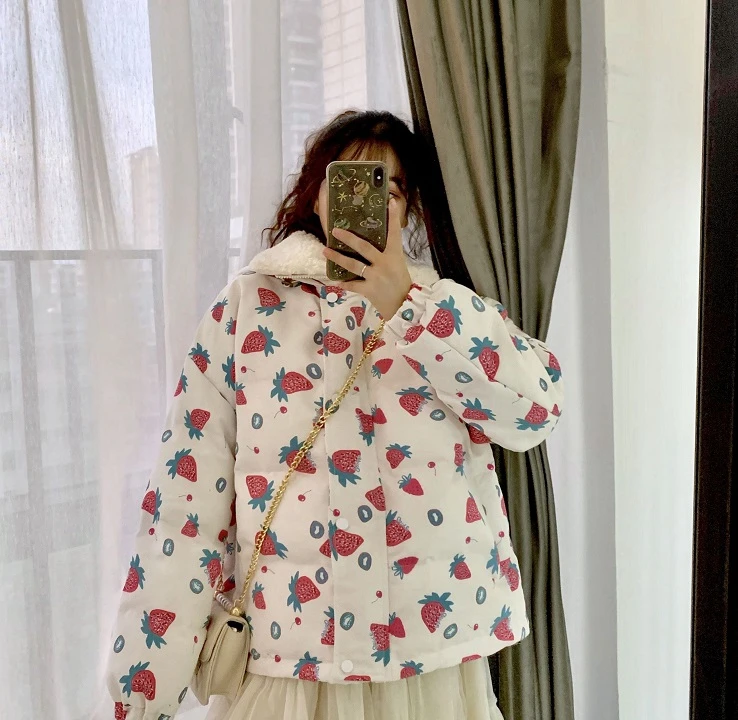 Woherb Women's Harajuku Parkas Kawaii Jacket Strawberry Print Winter ...