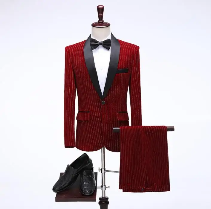 Singer Men Suit Set With Pants Mens Wedding Suits Stage Slim Wine Red ...