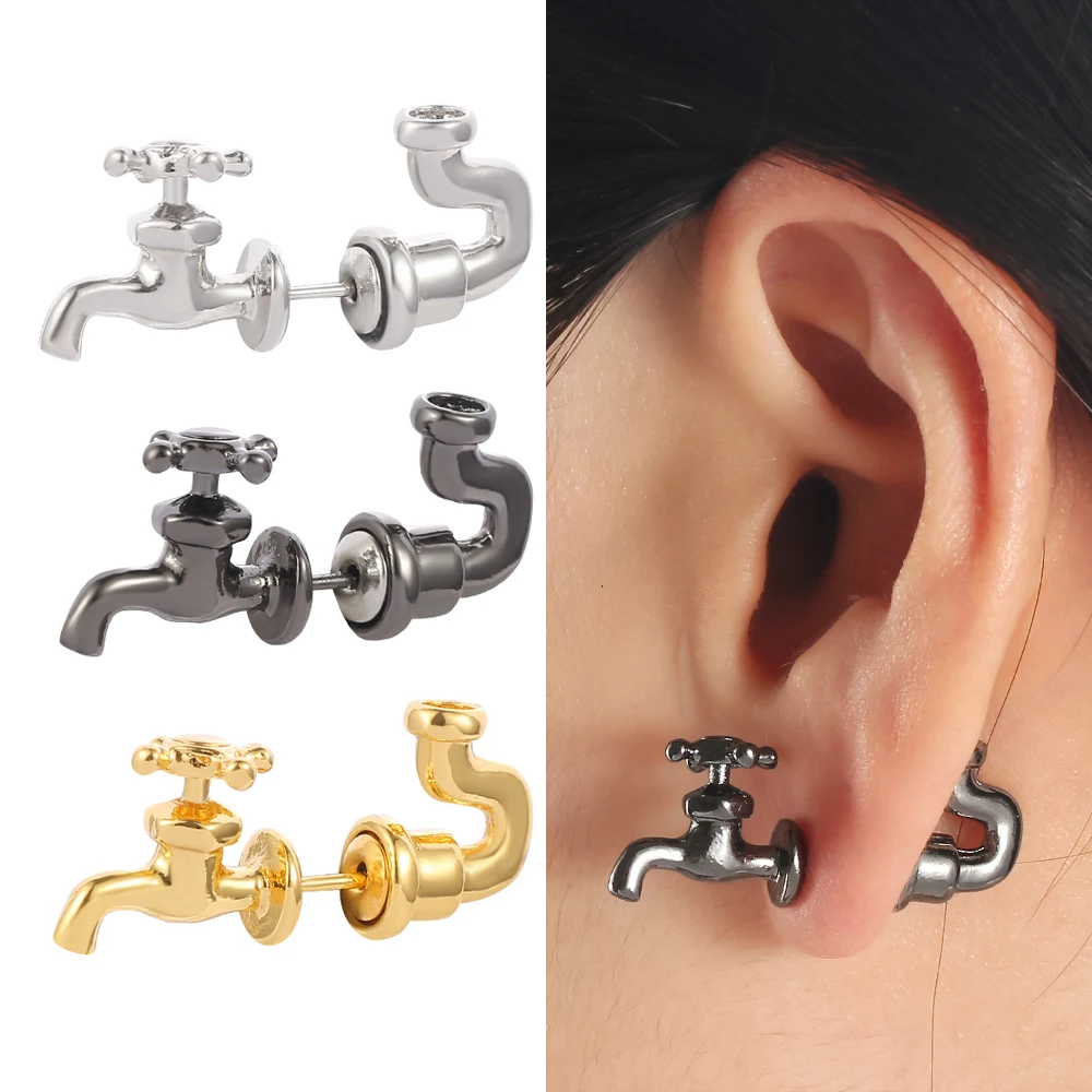 Hot-Punk-Style-Water-Tap-Faucet-Gothic-Stud-Earrings-Women-Men-Creative ...
