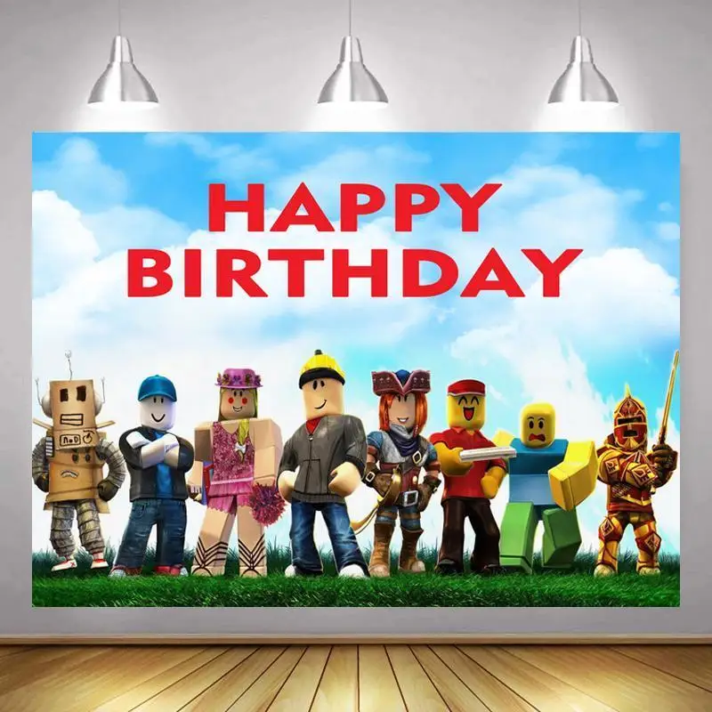 Roblox Happy วันเกิดเด็กฉากหลังปาร์ตี้การถ่ายภาพสีเขียว Grass Blue Sky ...