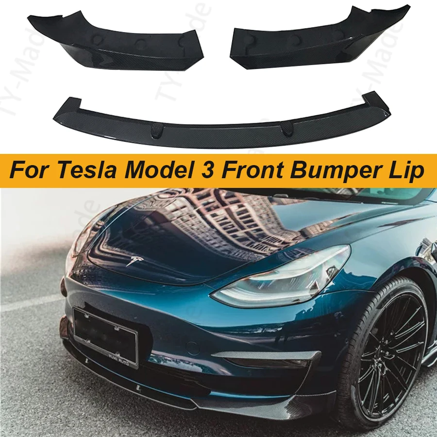 3 PCS Carbon Fiber Front Bumper Chin Lip Splitters Protector for Tesla ...