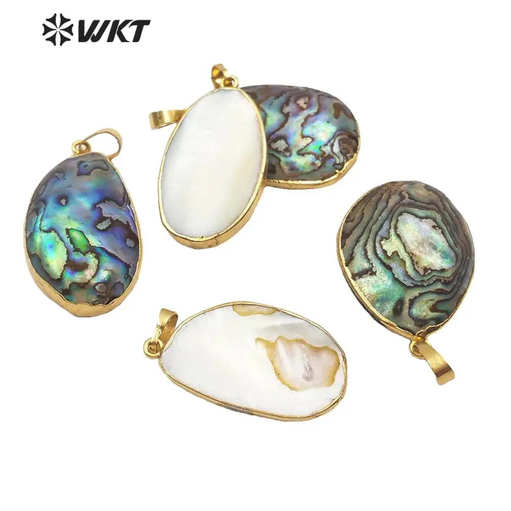WT JP179 WKT Natural Abalone Shell Pendant Oval Abalone Shell Gold ...