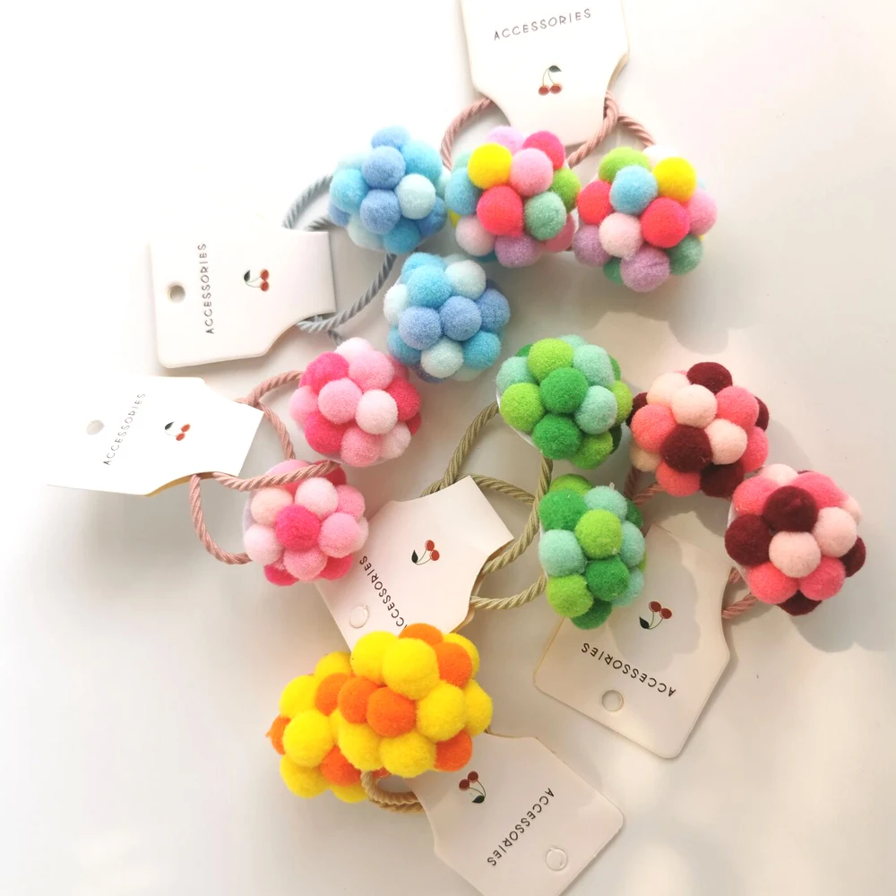 2pc/lot Mini Fluffy Balls Pom Pom Handmade Flower Hair Tie Elastic ...