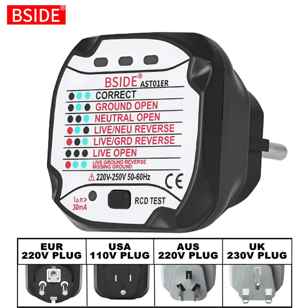 Bside Ast01 Electric Socket Tester Eu Us Uk Au Plug Rcd Gfci Test ...