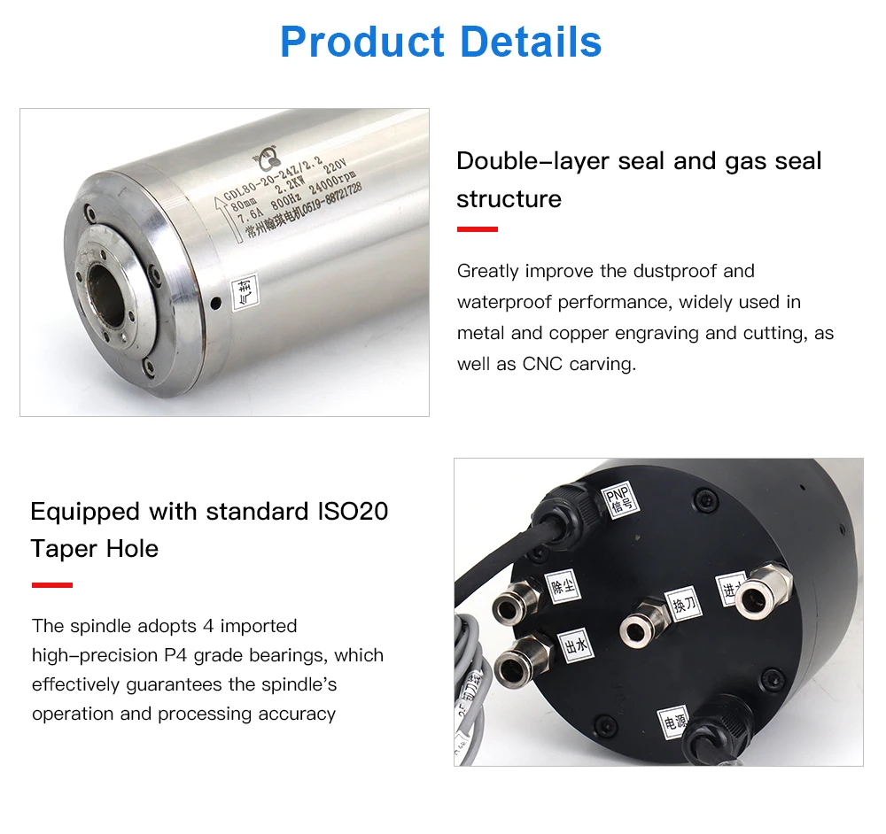 2.2KW ATC Spindle 3HP ISO20 24000RPM AC220V 800Hz 80mm Automatic Tool ...