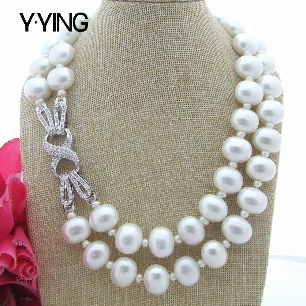 Y·YING 2 Strands 15x19mm White Sea Shell Pearl choker Necklace Cz Pave ...