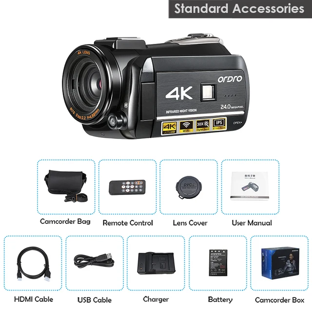 Video Camera 4K Camcorder Professional Ordro AC3 30X Digital Zoom IR Night Vision Vlogging ...