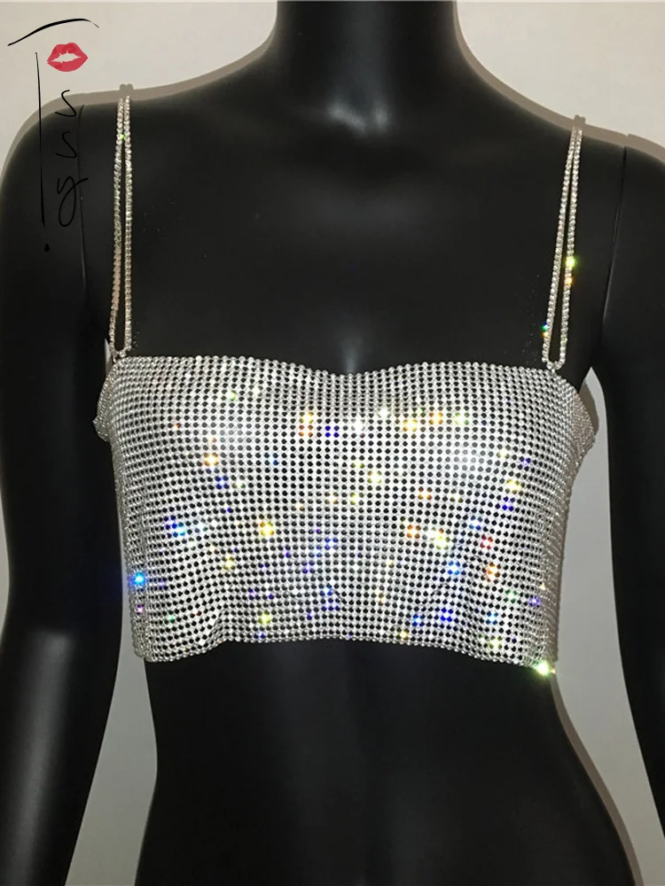 Ootddress Women Summer Shiny Crystal Chain Tank Top Silver Metal Mesh ...