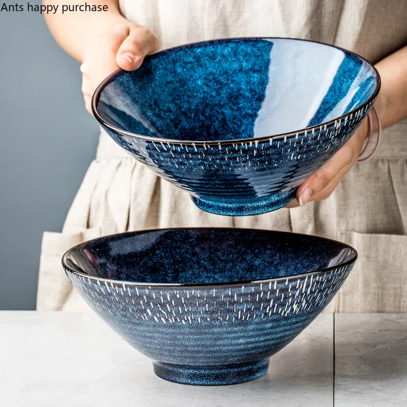 Blue Ceramic Bowl Noodle Bowl Large Soup Bowls Fruit Plate and Salad ...