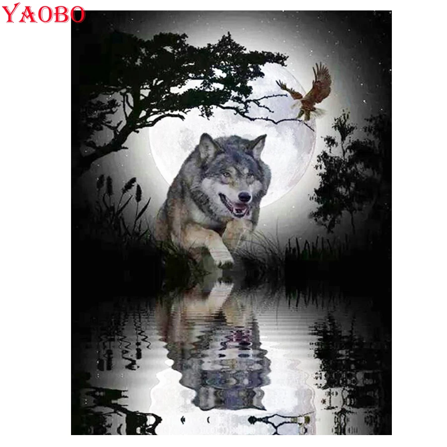 Wolf-reflection-moon-night-landscape-diamond-painting-cross-stitch-5d ...