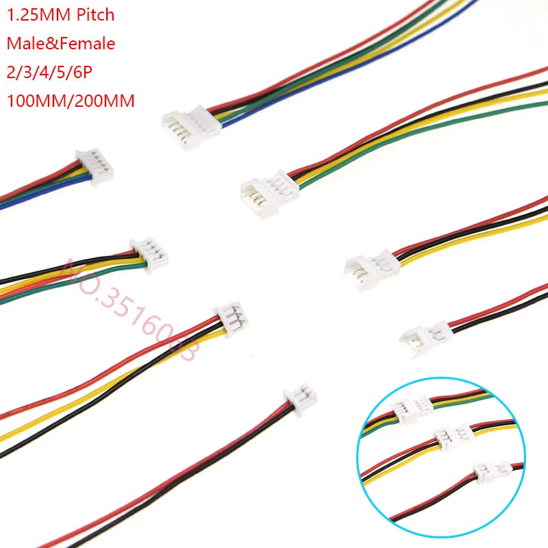 10set 100mm Mini Micro Jst 1.25 2/3/4/5/6 Pin Male Female Plug Connector With Wire 1.25mm 2pin ...
