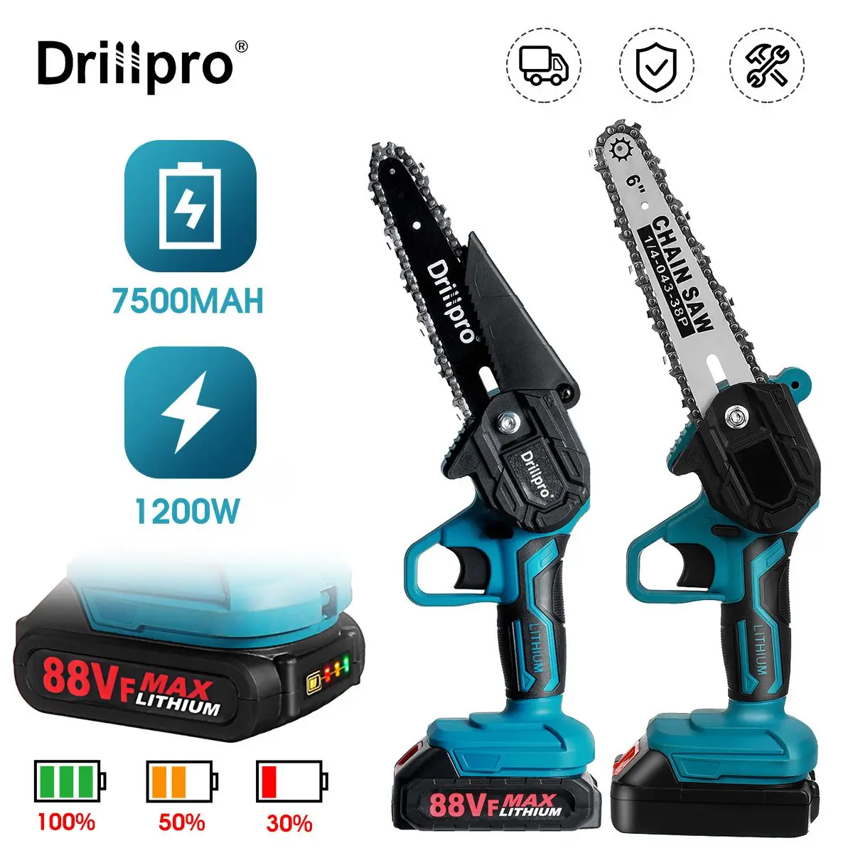 Drillpro sierras eléctricas de 6 pulgadas y 1200W, Mini motosierra inalámbrica, sierra de podar ...