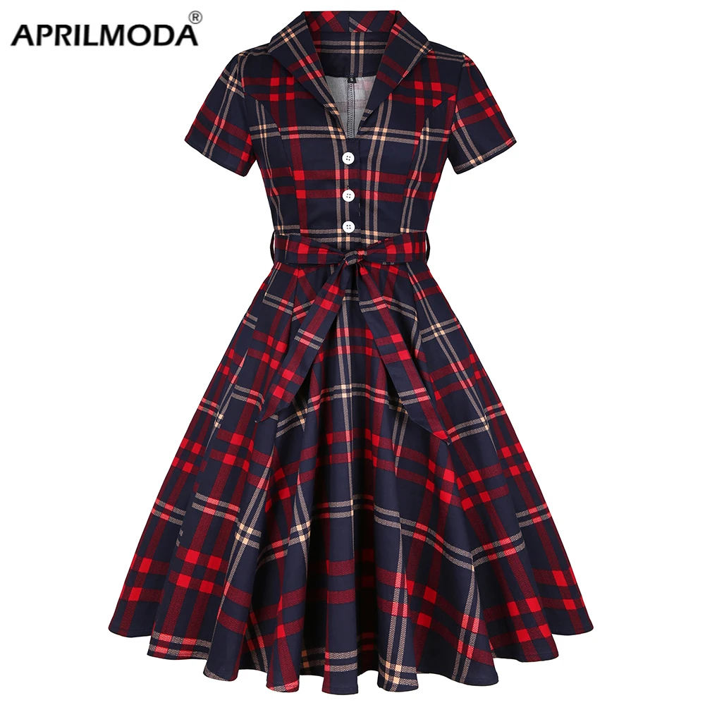 Spring-Summer-Retro-Vintage-Women-Dress-Plaid-Printed-England-Style ...
