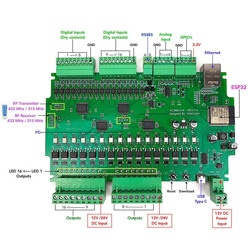 Kincony A16 ESP32 Development Board MQTT TCP Web HTTP ESPhome Home Assistant Tasmota DIY Module ...