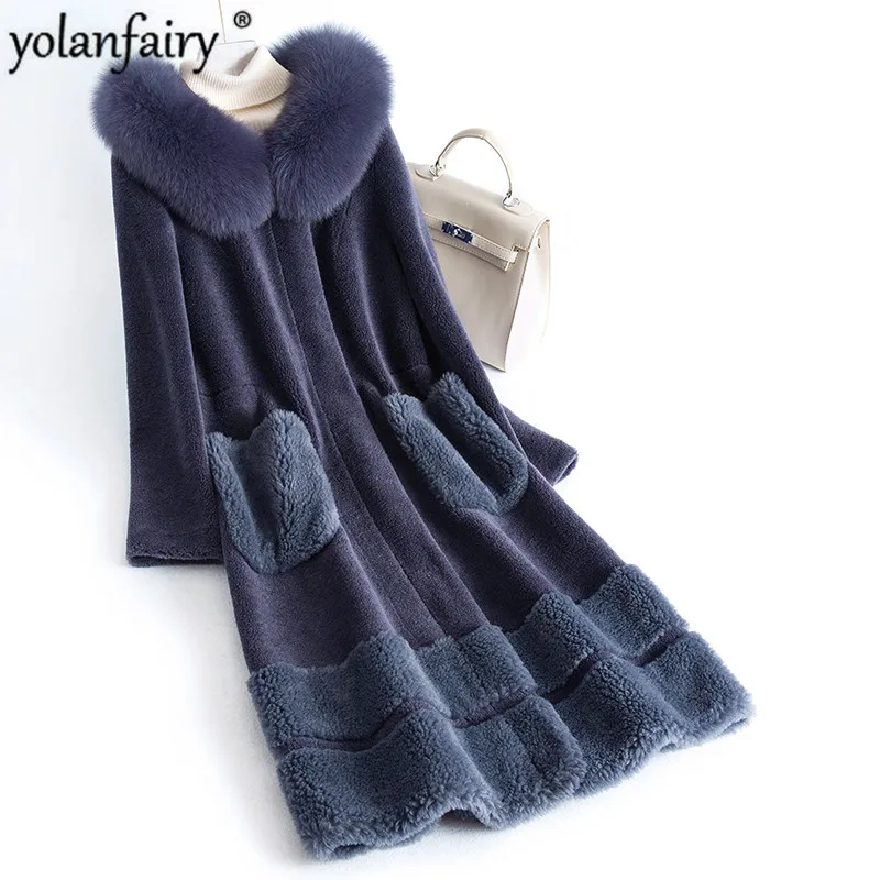 Casaco de pele real de ovelha 100% lã, casacos com gola de pele de raposa, jaqueta feminina com ...