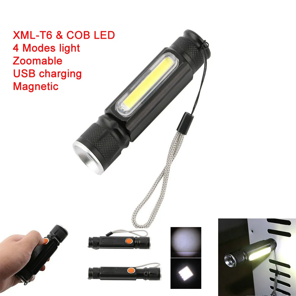 LED Magnet USB Charger Flashlight CREE T6 COB Waterproof Zoomable ...